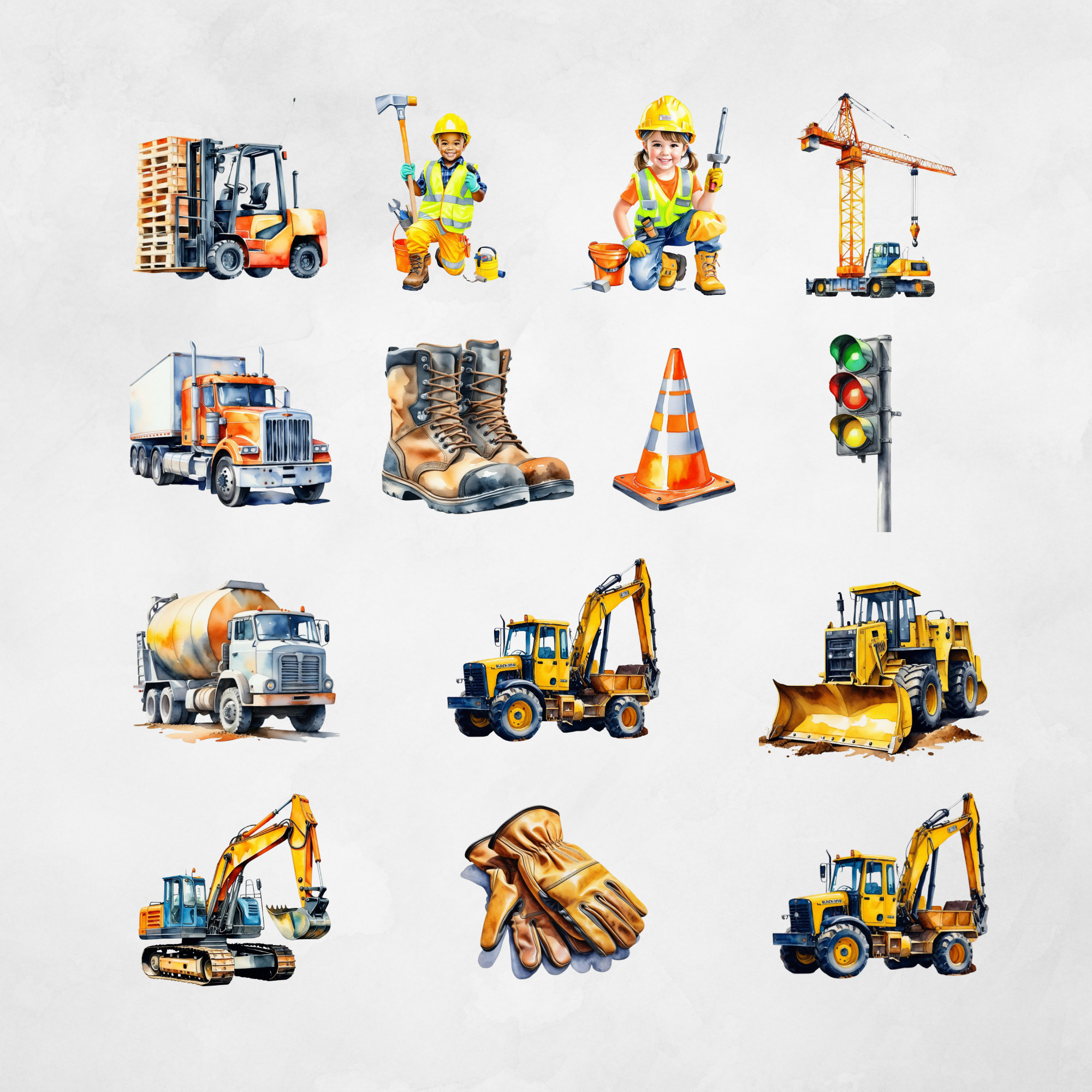 Construction Watercolor Clipart Pack, Construction Vehicles PNG ...