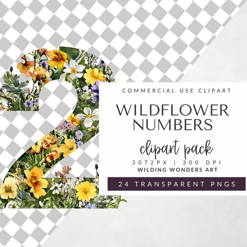 Wildflower Numbers Clipart Pack for Commercial Use, Watercolor Numbers ...