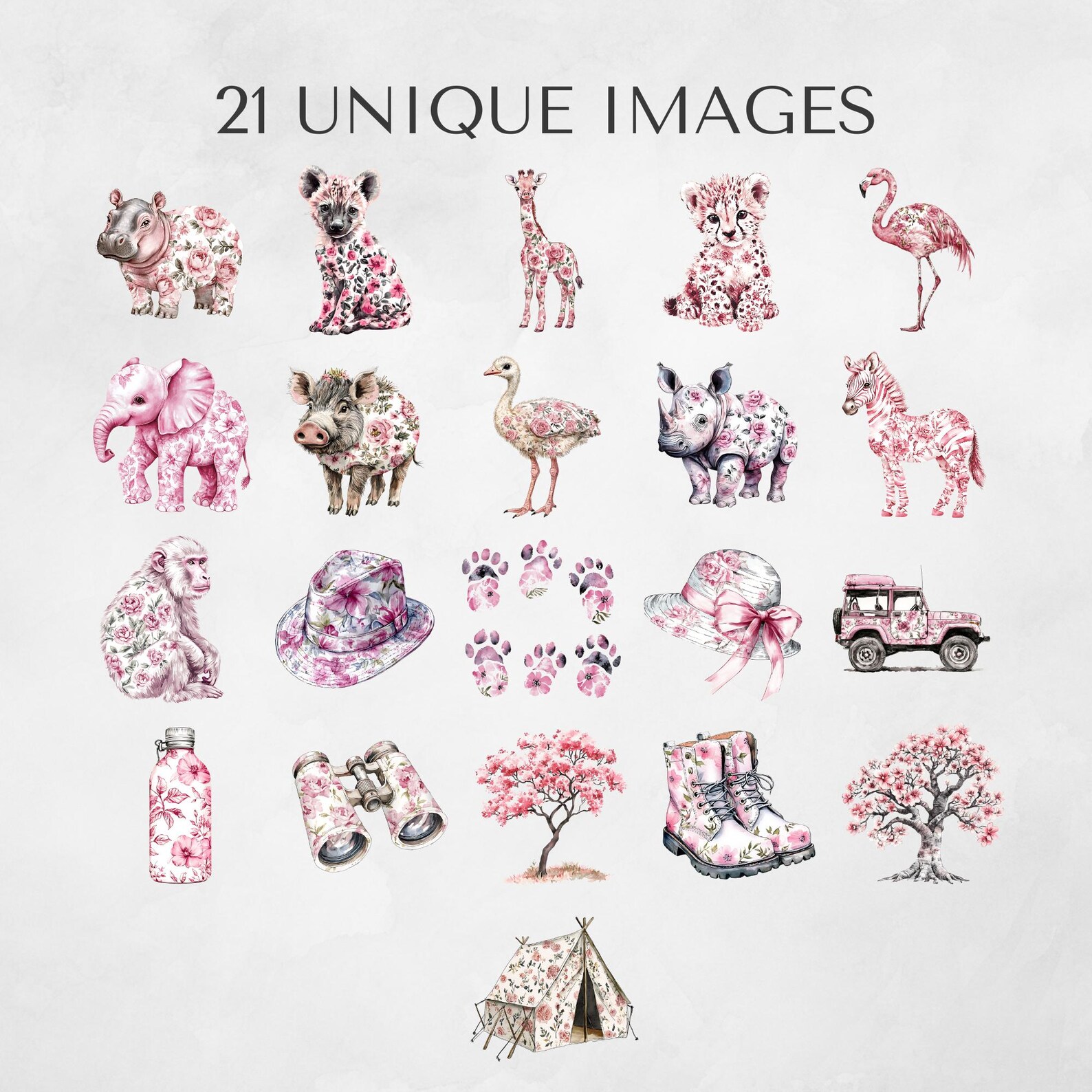 Pink Toile Safari Animals Clipart Pack for Commercial Use, Safari Toile ...