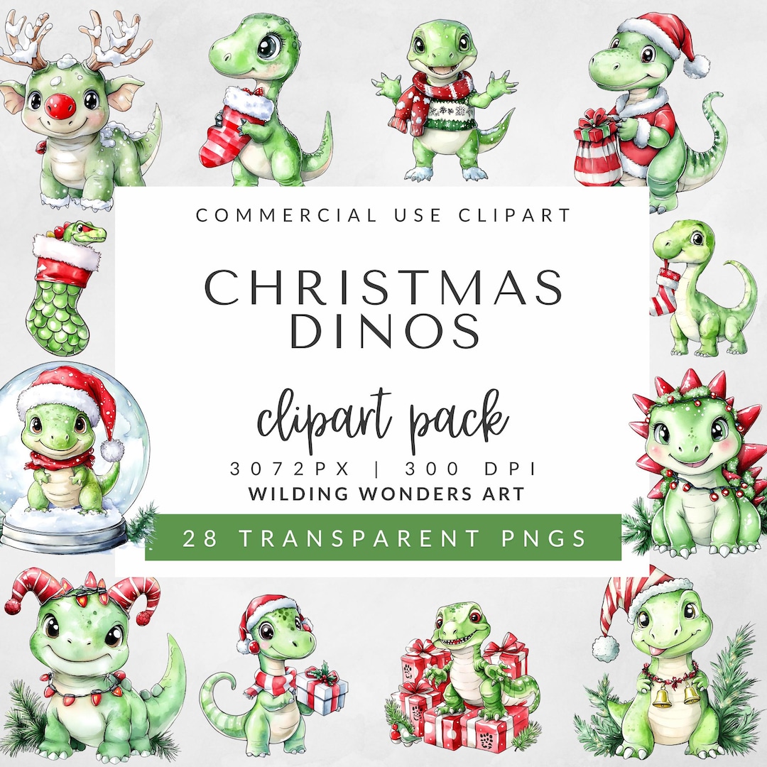 Christmas Dinosaurs Clipart for Commercial Use, Cute Dinosaur, Festive ...