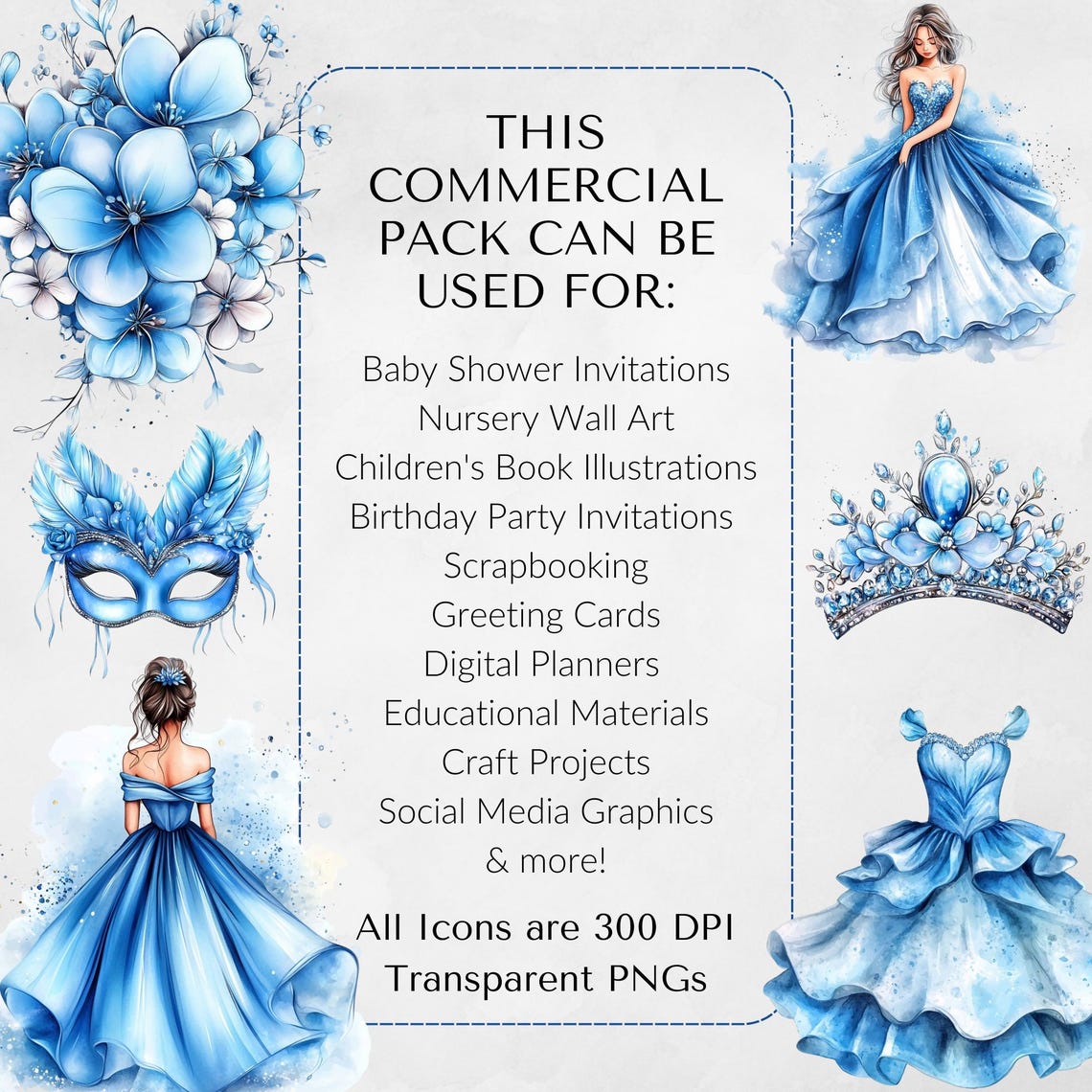 Watercolor Blue Princess Dress Clipart for Commercial Use, Watercolor ...