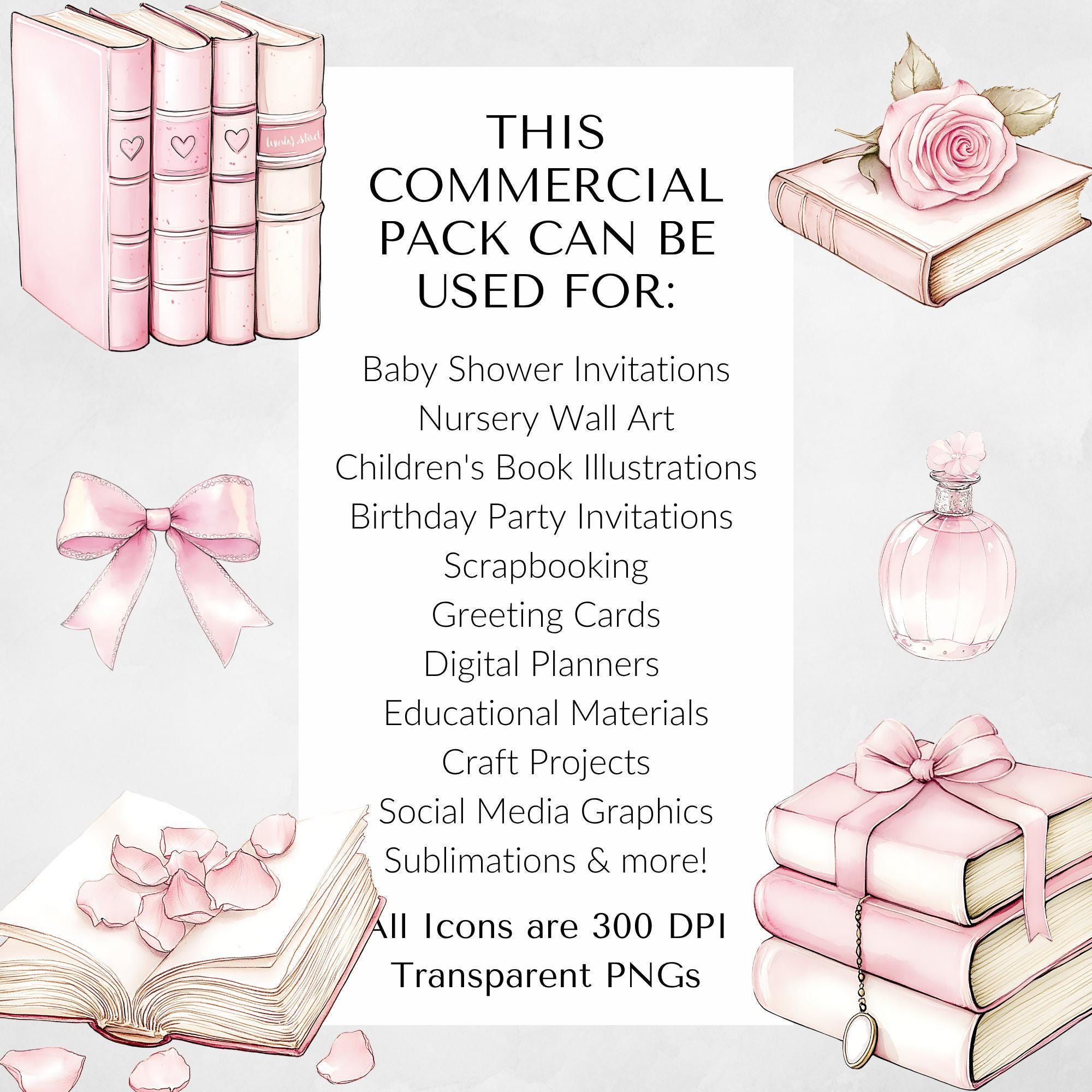 Coquette Books Clipart Pack for Commercial Use, Pink Bow Books ...