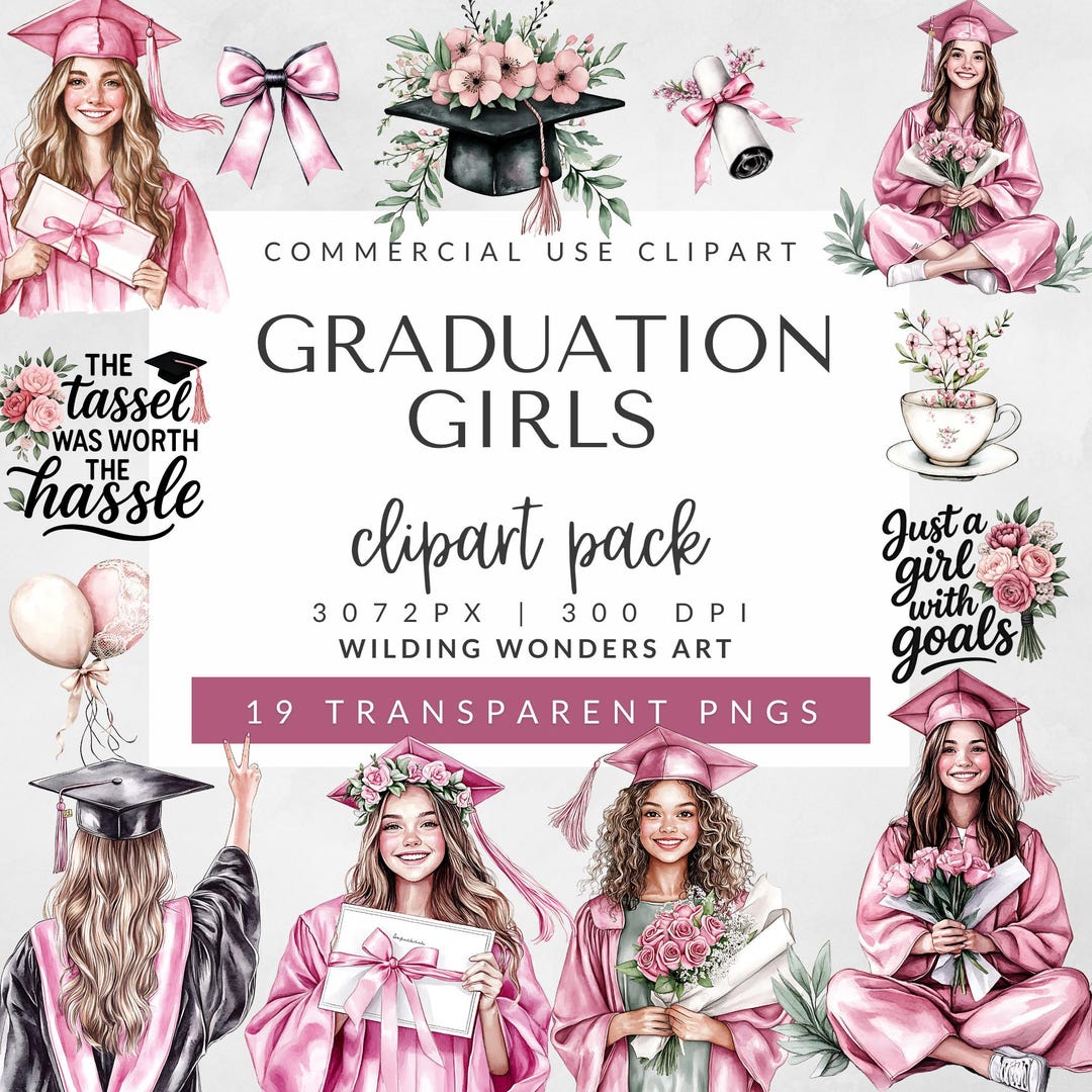 Graduation Girls Clipart Pack for Commercial Use, Pink Graduate Png ...