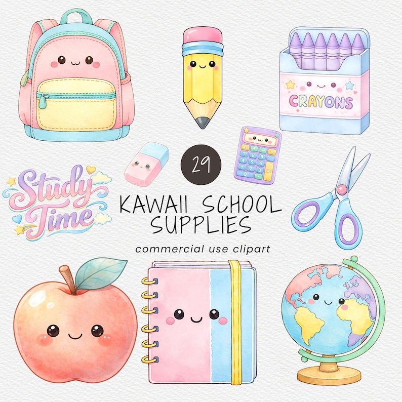 Paquete de imágenes prediseñadas Kawaii para útiles escolares para uso ...