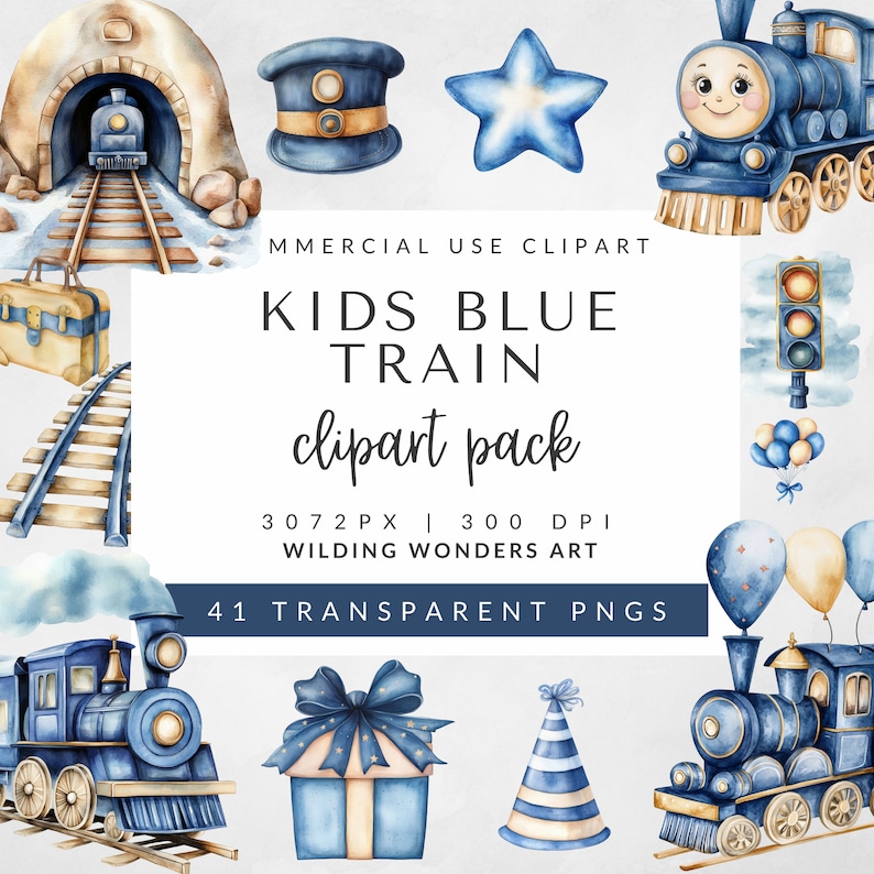 Watercolor Blue Train Kids Clipart for Commercial Use, Boy Birthday ...