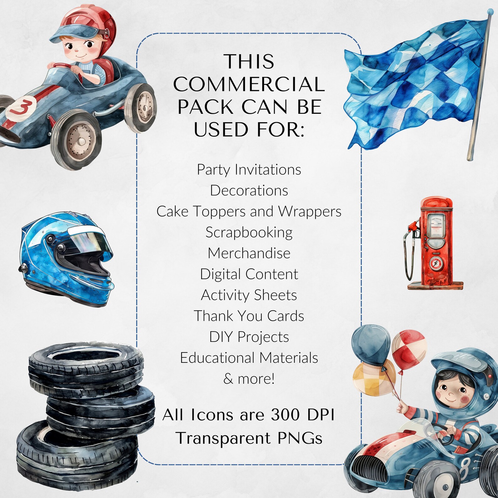 Watercolor Racecar Birthday Boy Clipart Bundle for Commerical Use ...