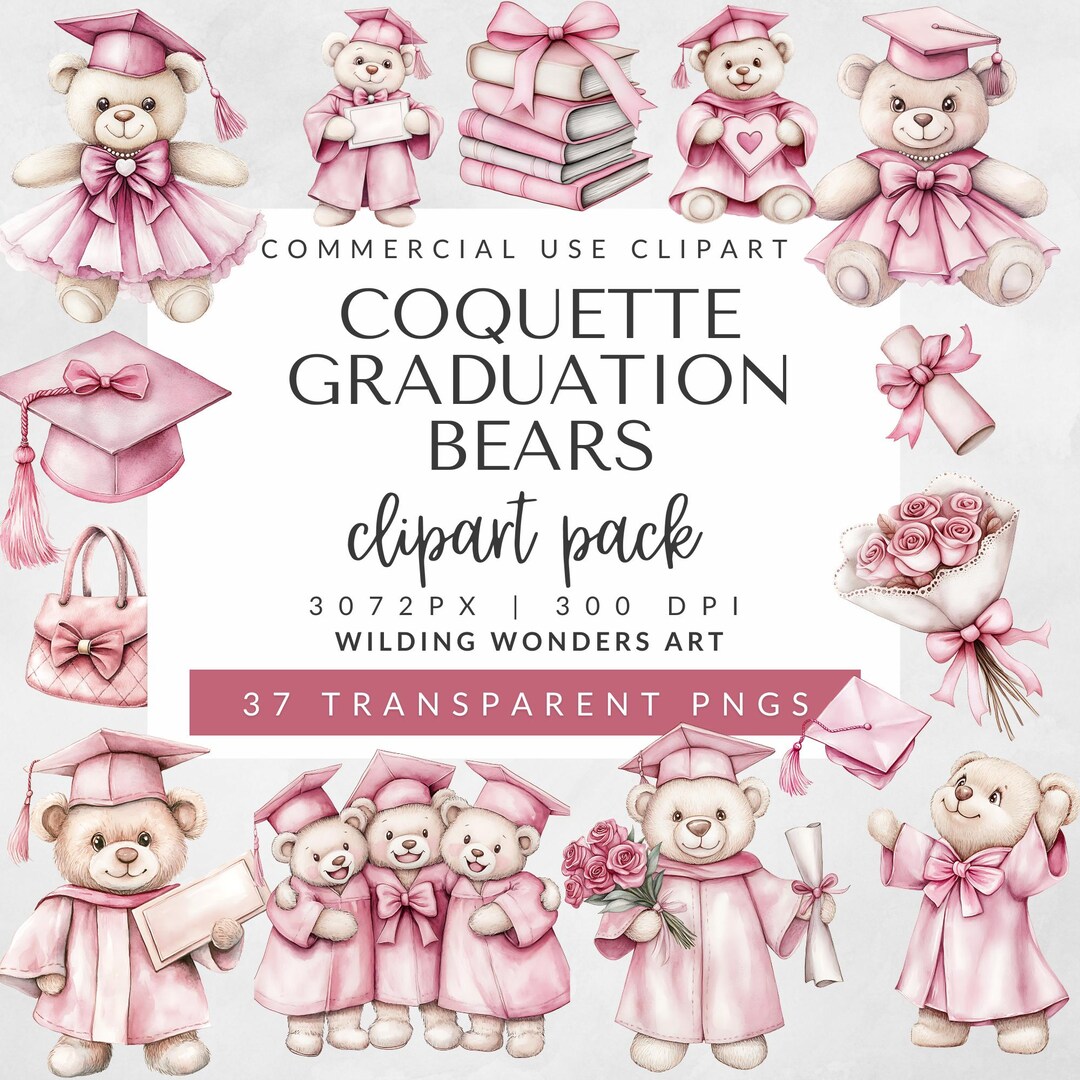 Coquette Graduation Bears Clipart Pack for Commercial Use, Pink Grad ...