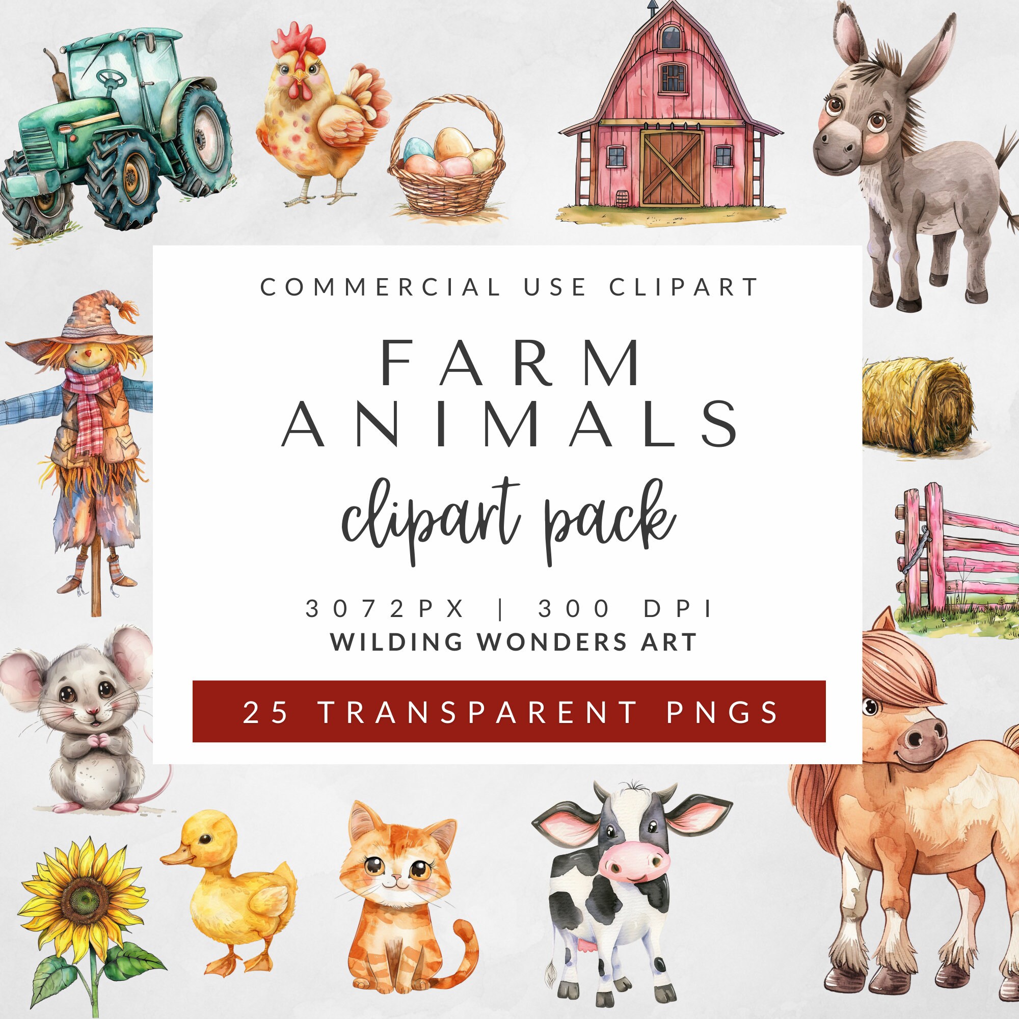 Watercolor Farm Animals Clipart Pack Commercial Use, Cute Nursery Decor ...