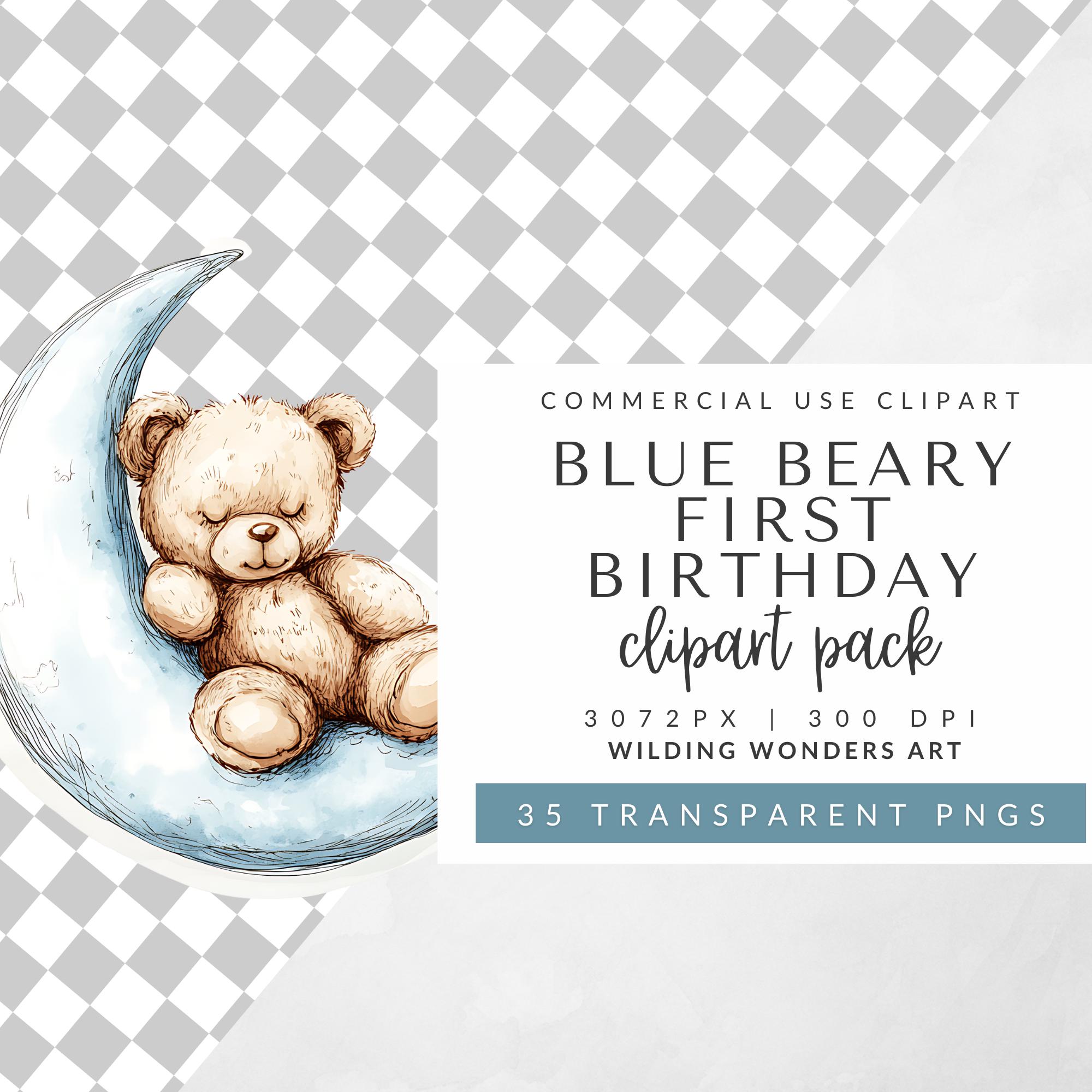 Blue Beary First Birthday Clipart Pack for Commercial Use, Baby Shower ...