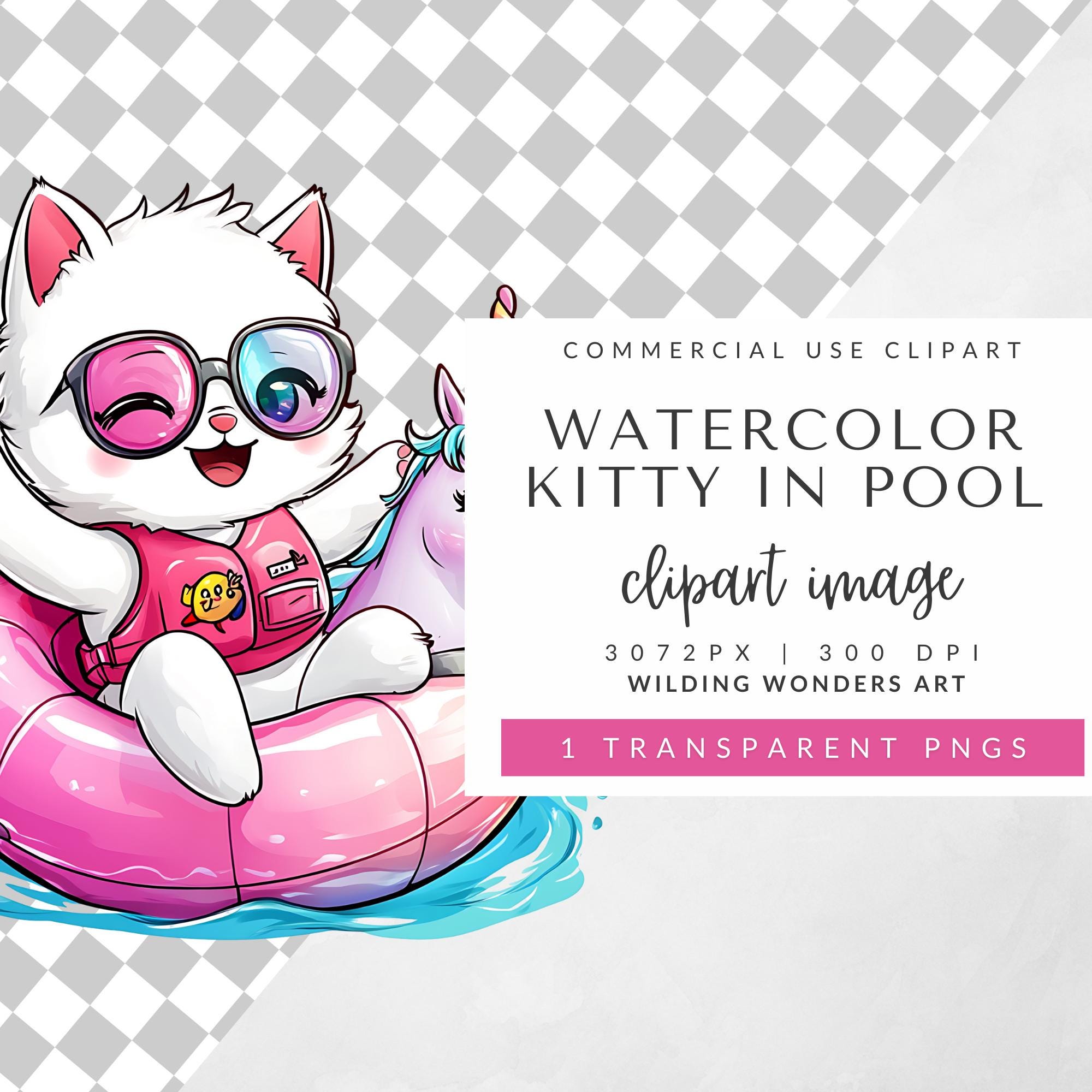 Watercolor Kitty in Pool Clipart for Commercial Use, Cute Cat Clipart ...