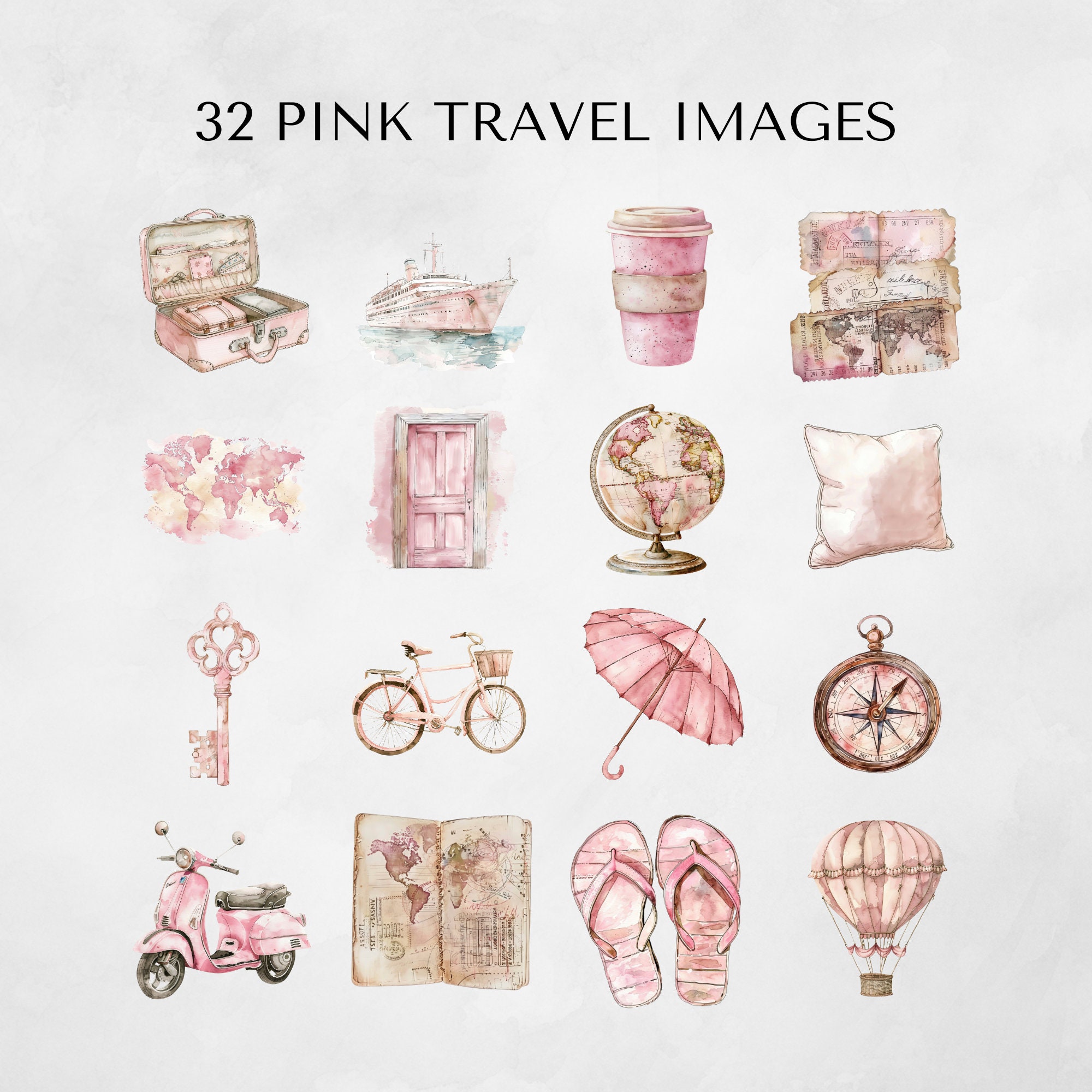 Travel Watercolor Pink Girly Clipart Pack for Commercial Use, Travel ...