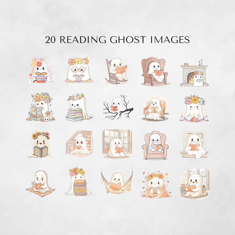 Reading Ghost Clipart Pack for Commercial Use, Cute Halloween Ghosts ...
