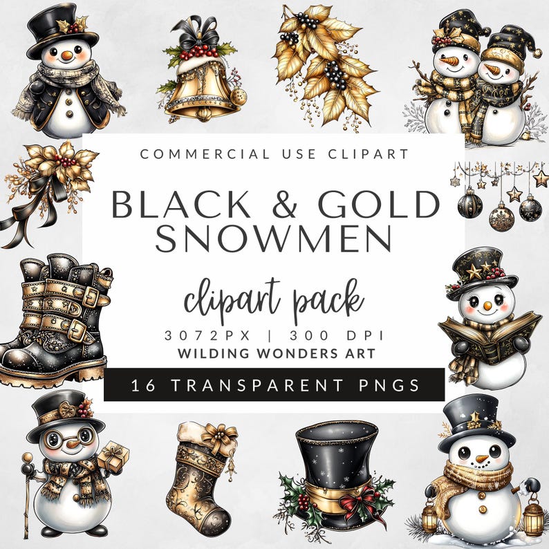 Black and Gold Snowmen Clipart Pack for Commercial Use, Christmas ...