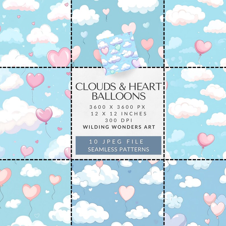 Clouds & Heart Balloons Seamless Pattern Backgrounds, Digital Paper ...