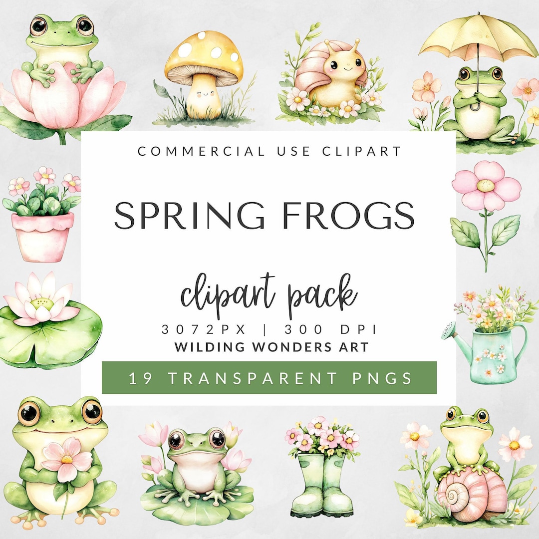 Spring Frogs Clipart Pack for Commercial Use, Watercolor Frog, Cute ...