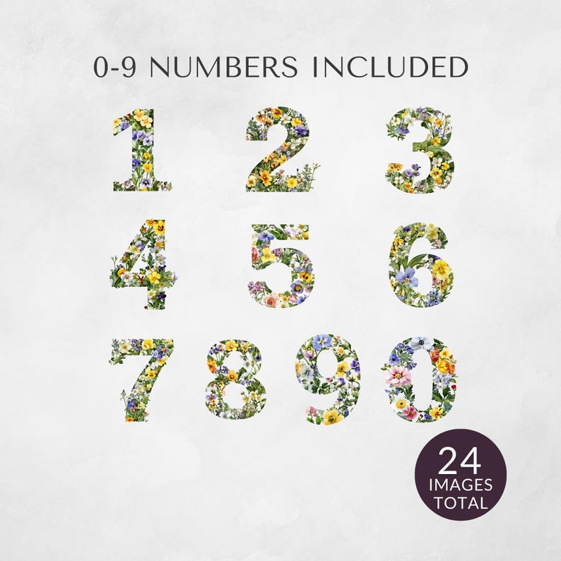 Wildflower Numbers Clipart Pack for Commercial Use, Watercolor Numbers ...