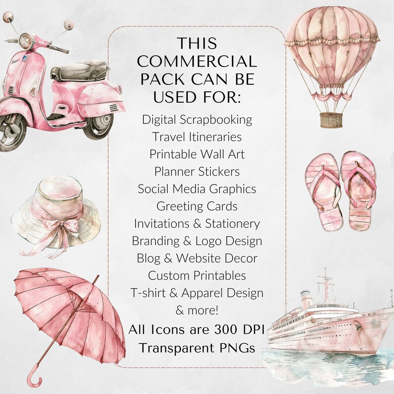 Travel Watercolor Pink Girly Clipart Pack for Commercial Use, Travel ...