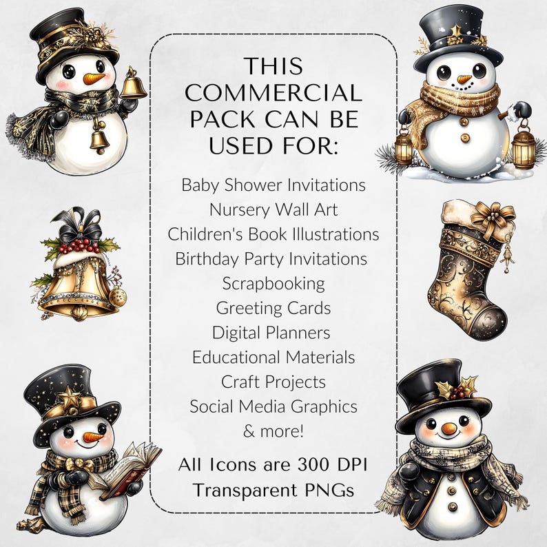 Black and Gold Snowmen Clipart Pack for Commercial Use, Christmas ...