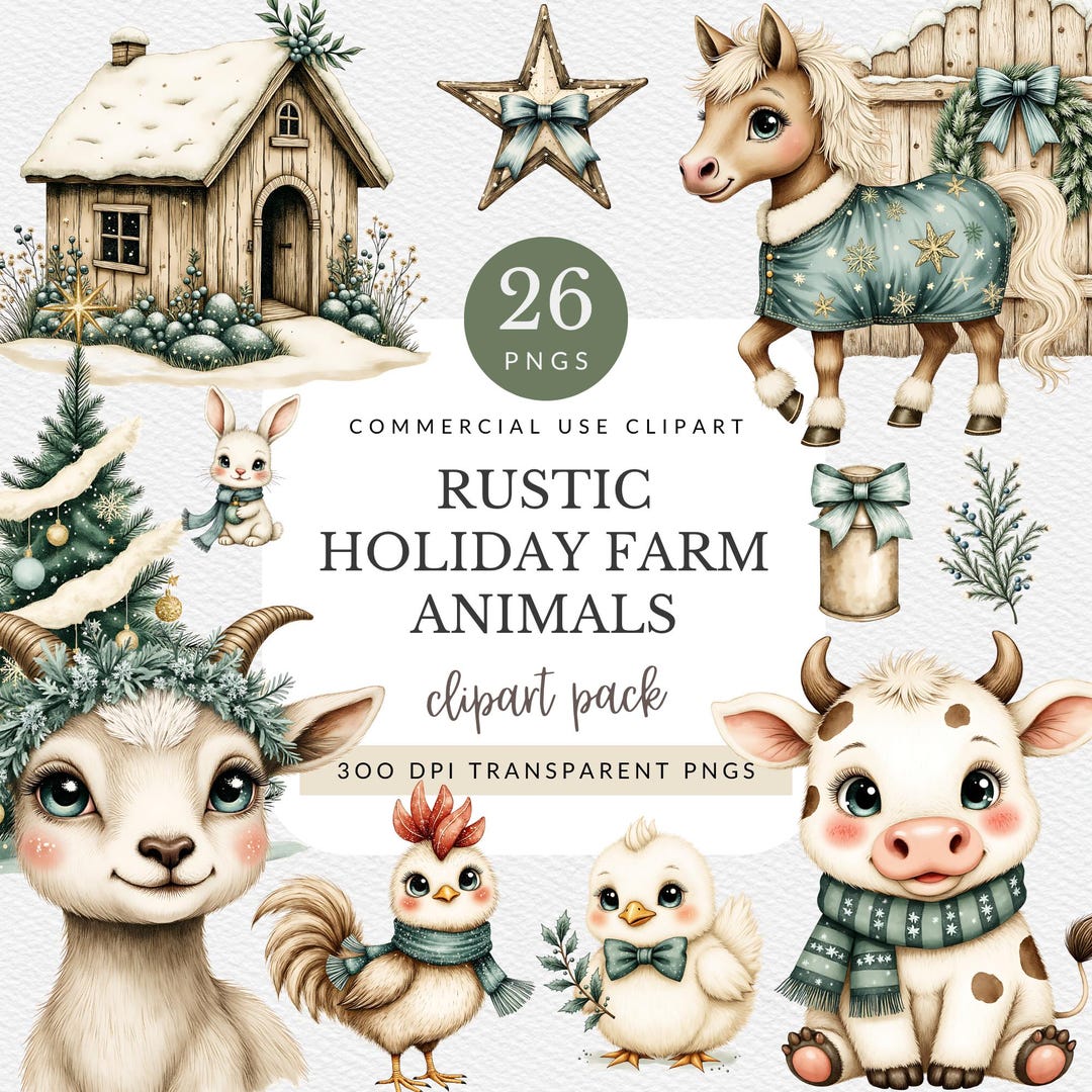 Rustic Holiday Farm Animals Clipart Pack for Commercial Use, Winter ...