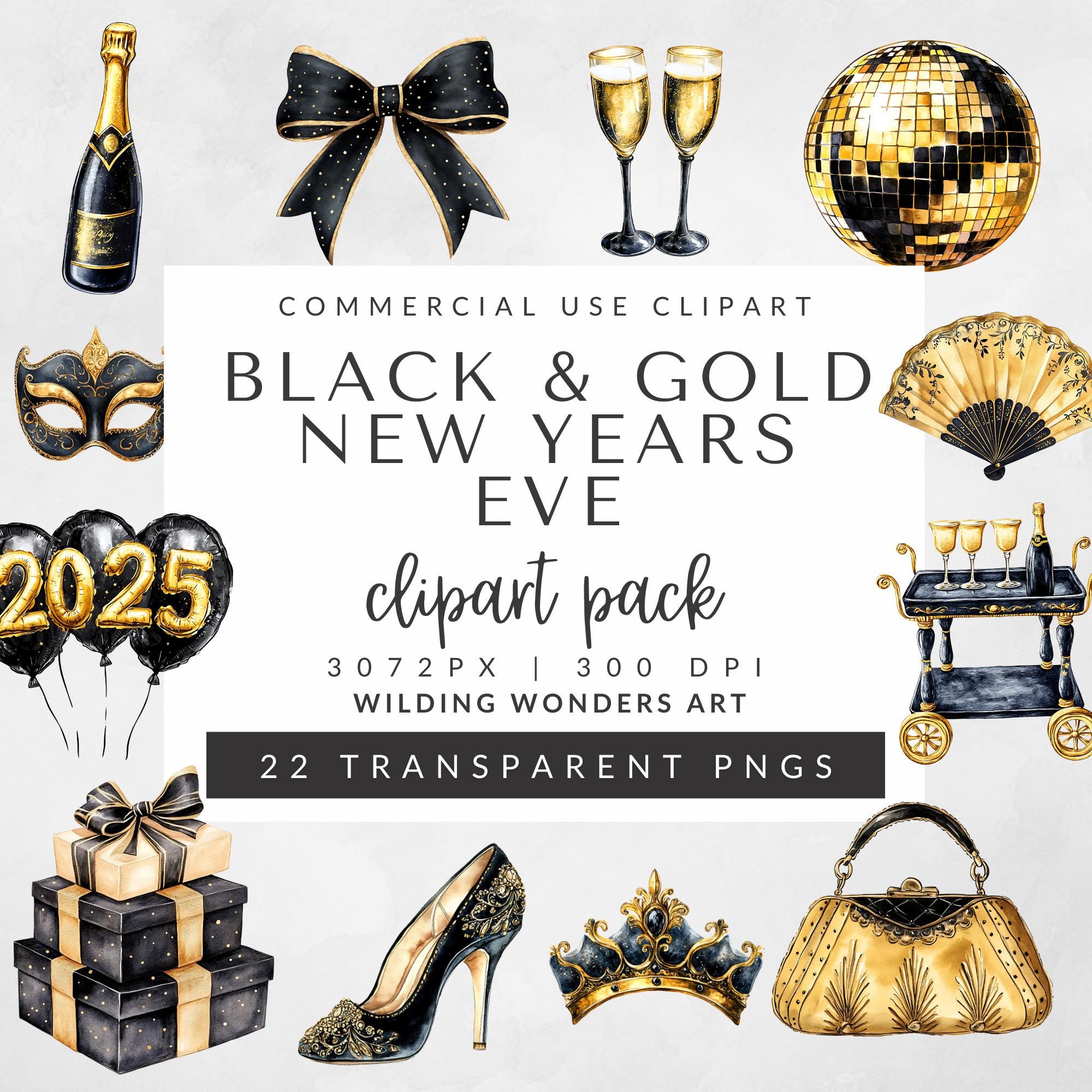 Black and Gold New Year’s Eve Clipart Pack for Commercial Use ...