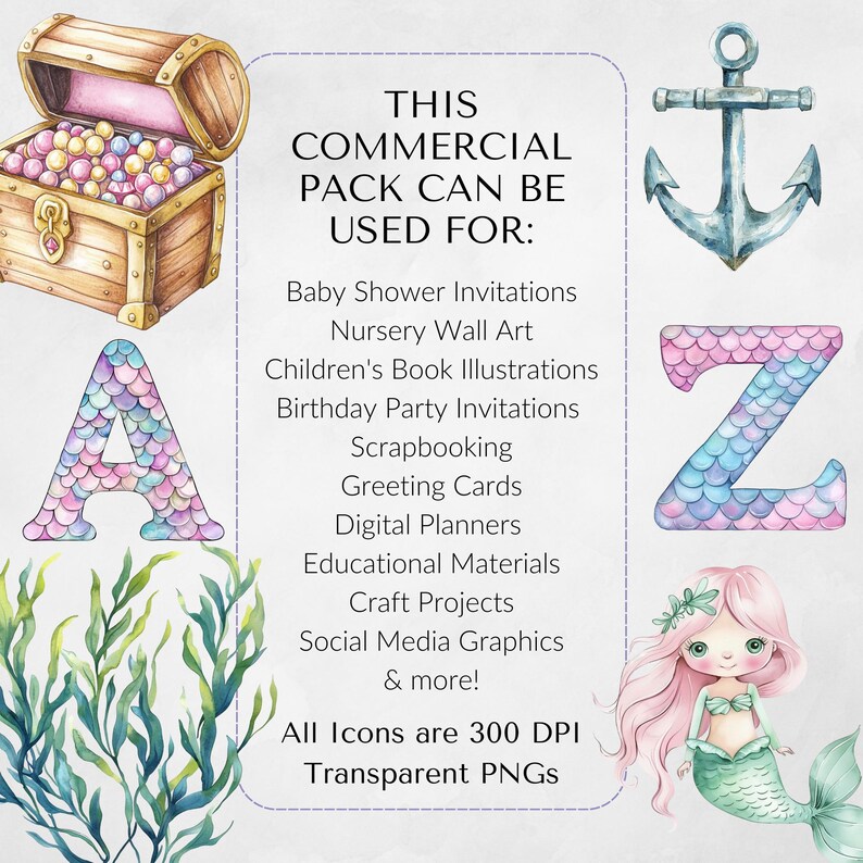 Mermaid Alphabet & Numbers Clipart for Commerical Use, Watercolor Sea ...