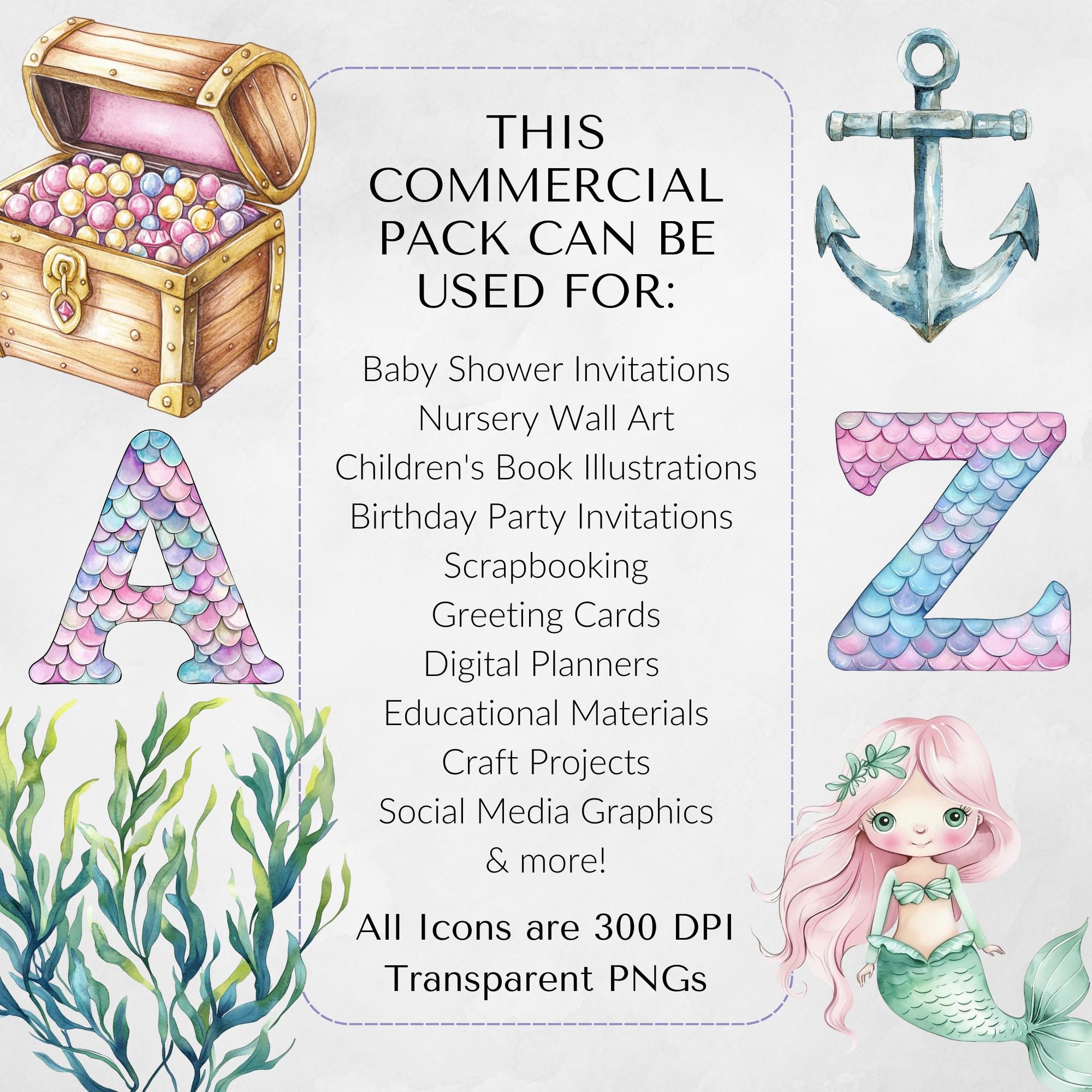 Mermaid Alphabet & Numbers Clipart for Commerical Use, Watercolor Sea ...