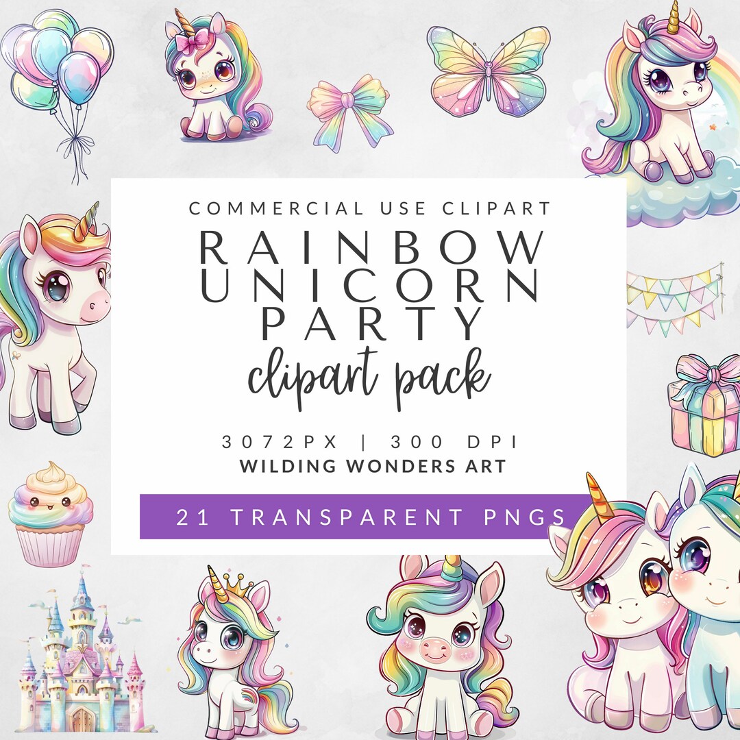 Rainbow Unicorn Clipart Commercial Use, Watercolor Cute Kawaii Unicorns ...
