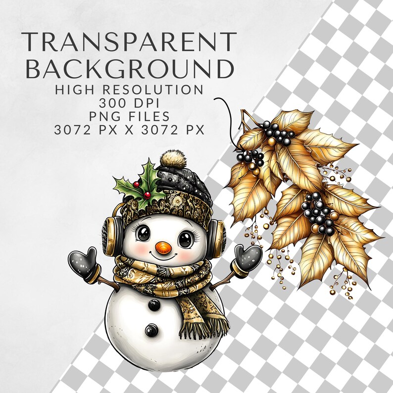 Black and Gold Snowmen Clipart Pack for Commercial Use, Christmas ...