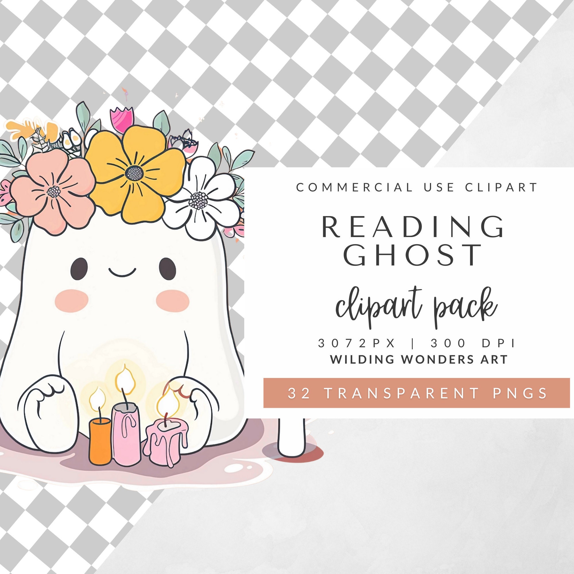 Reading Ghost Clipart Pack for Commercial Use, Cute Halloween Ghosts ...