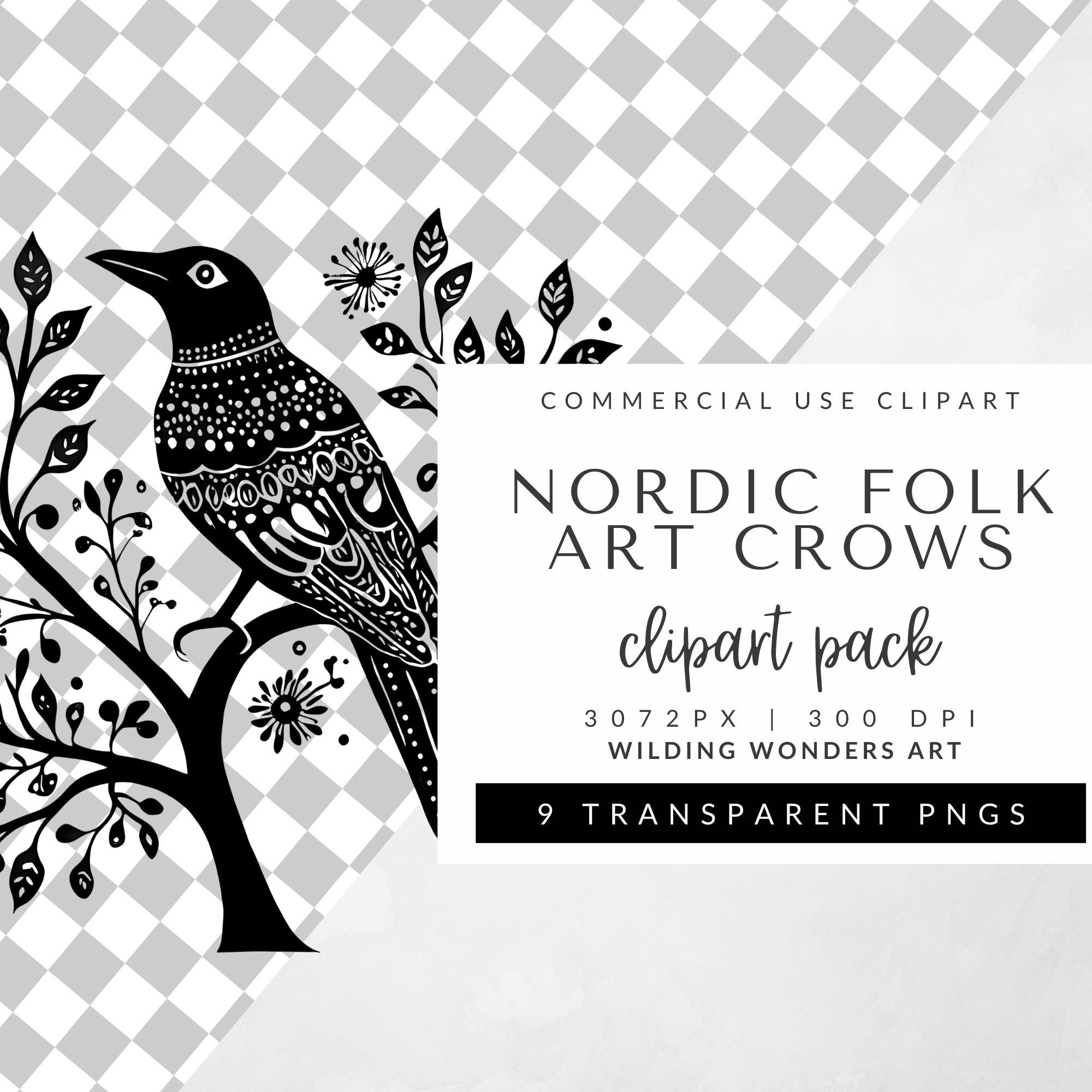 Nordic Folk Art Crows Clipart Pack for Commercial Use, Scandinavian Png ...
