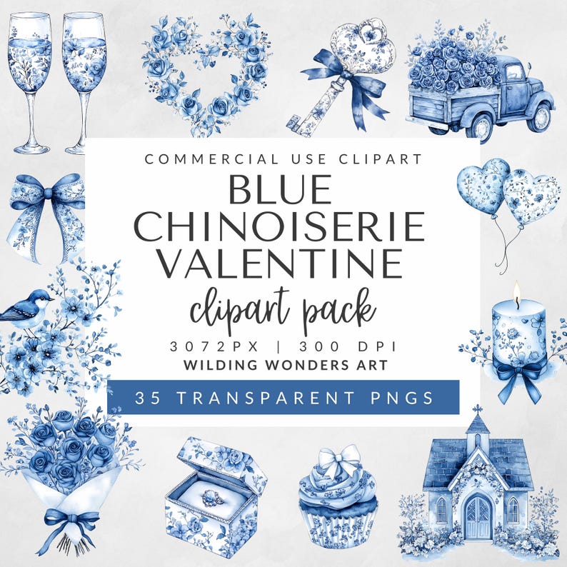 Blue Chinoiserie Valentine Clipart Pack for Commercial Use, Vintage ...