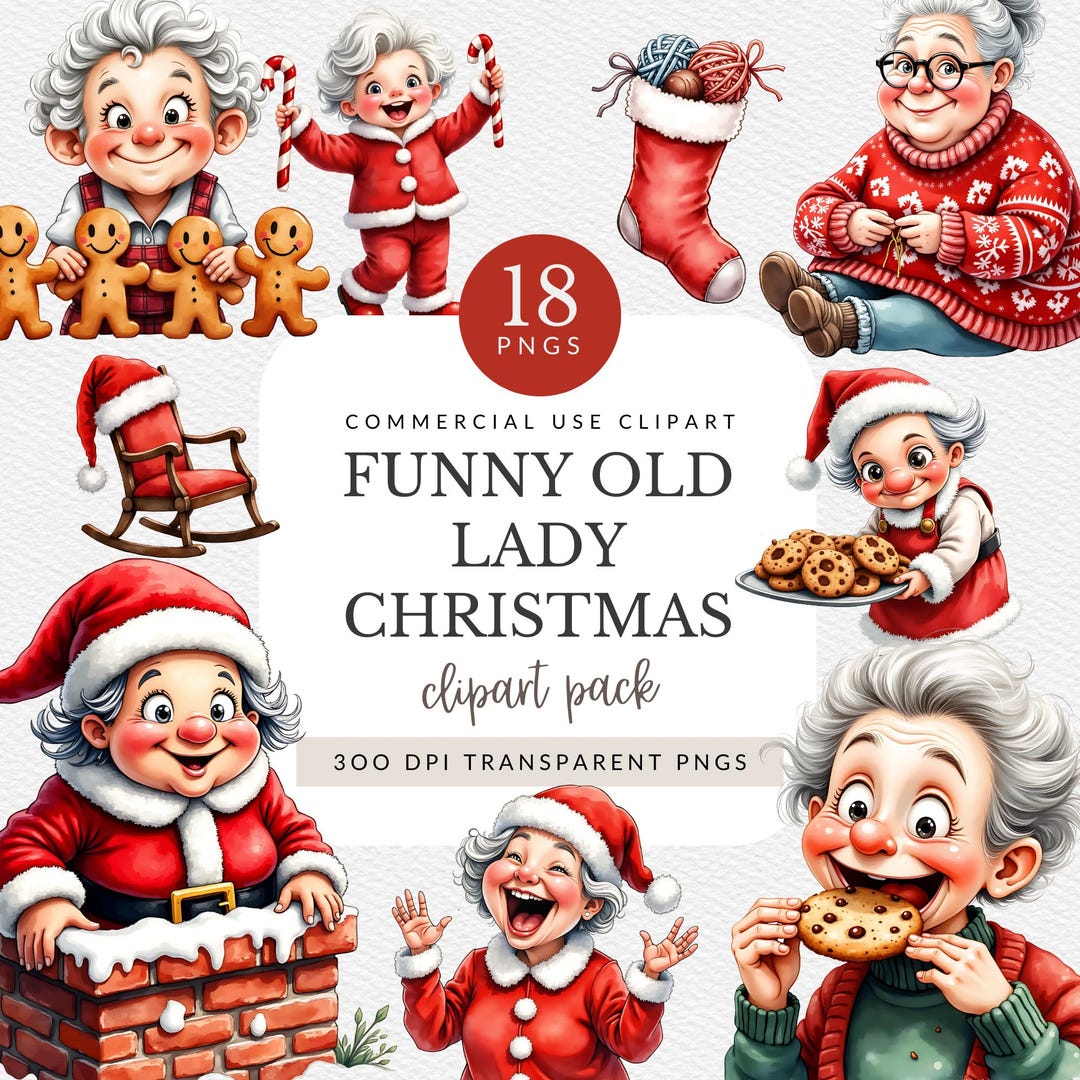 Funny Old Lady Christmas Clipart Pack for Commercial Use, Silly Grandma ...