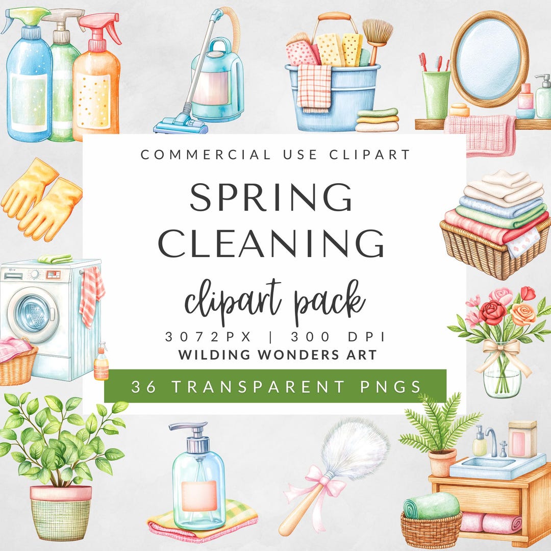 Spring Cleaning Clipart Pack for Commercial Use, Housekeeping Clipart ...