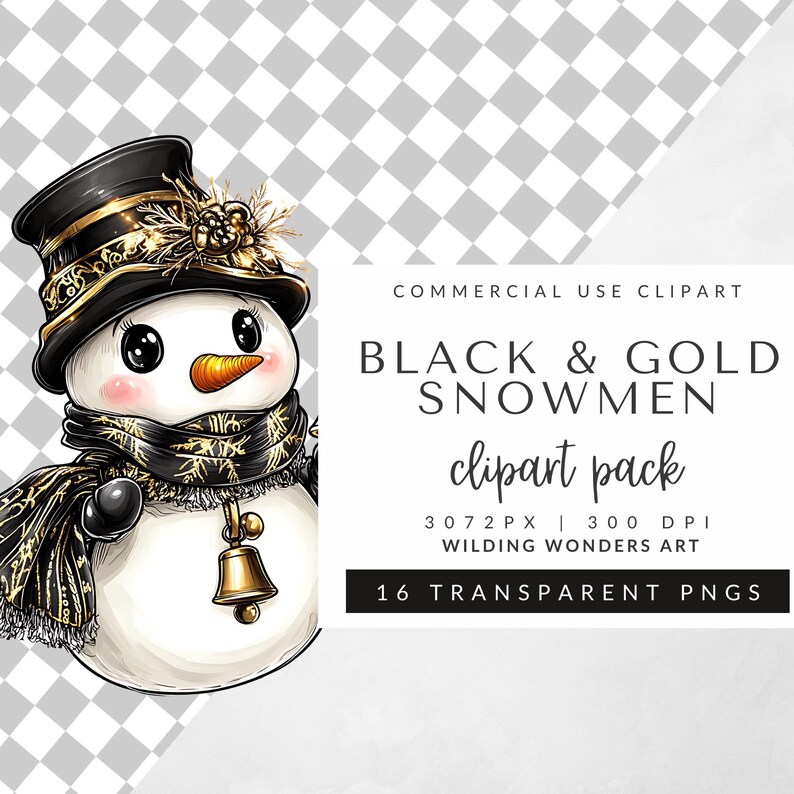 Black and Gold Snowmen Clipart Pack for Commercial Use, Christmas ...