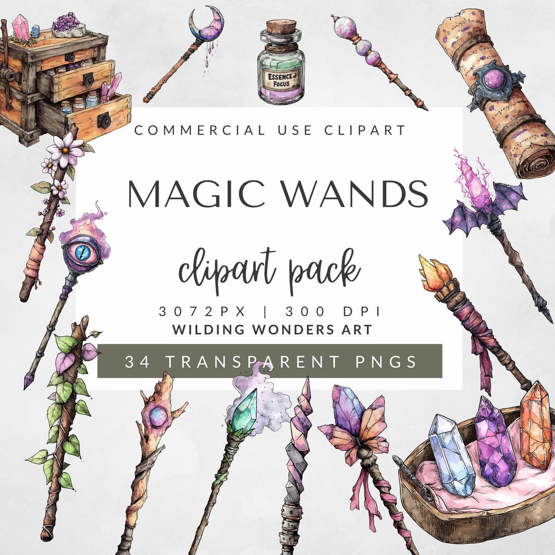 Magic Wands Clipart Pack for Commercial Use, Wizard School PNG, Fairy ...