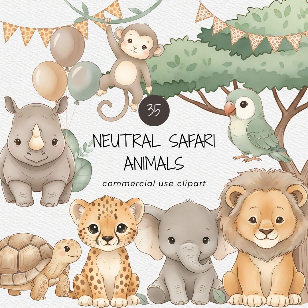 Neutral Safari Animals Clipart Pack for Commercial Use, Baby Jungle ...