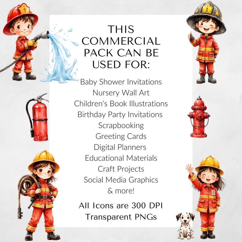 Little Firefighters Clipart Pack for Commercial Use, Fire Truck Nursery ...