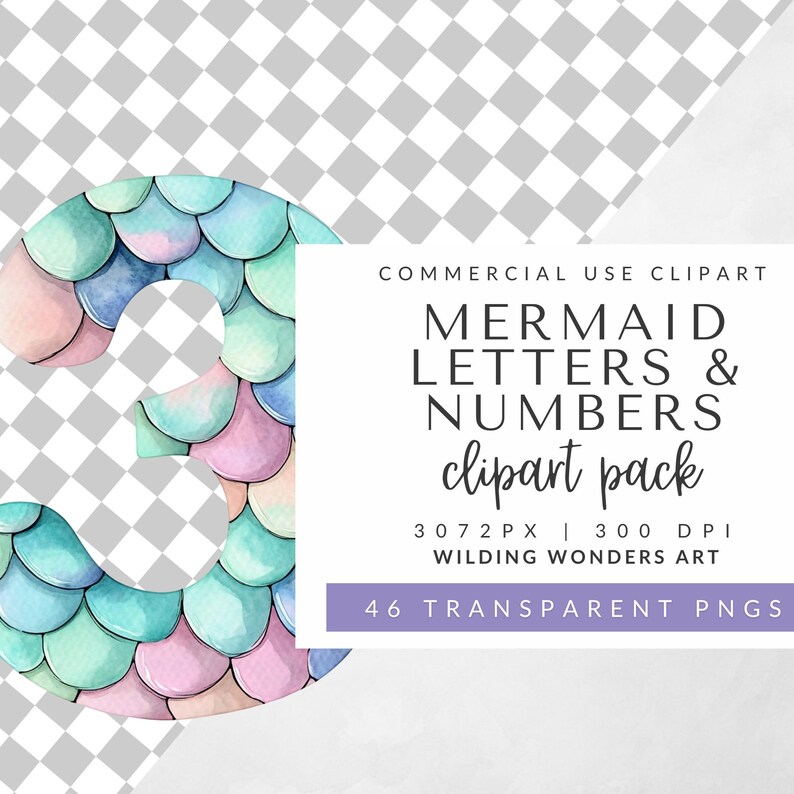 Mermaid Alphabet & Numbers Clipart for Commerical Use, Watercolor Sea ...