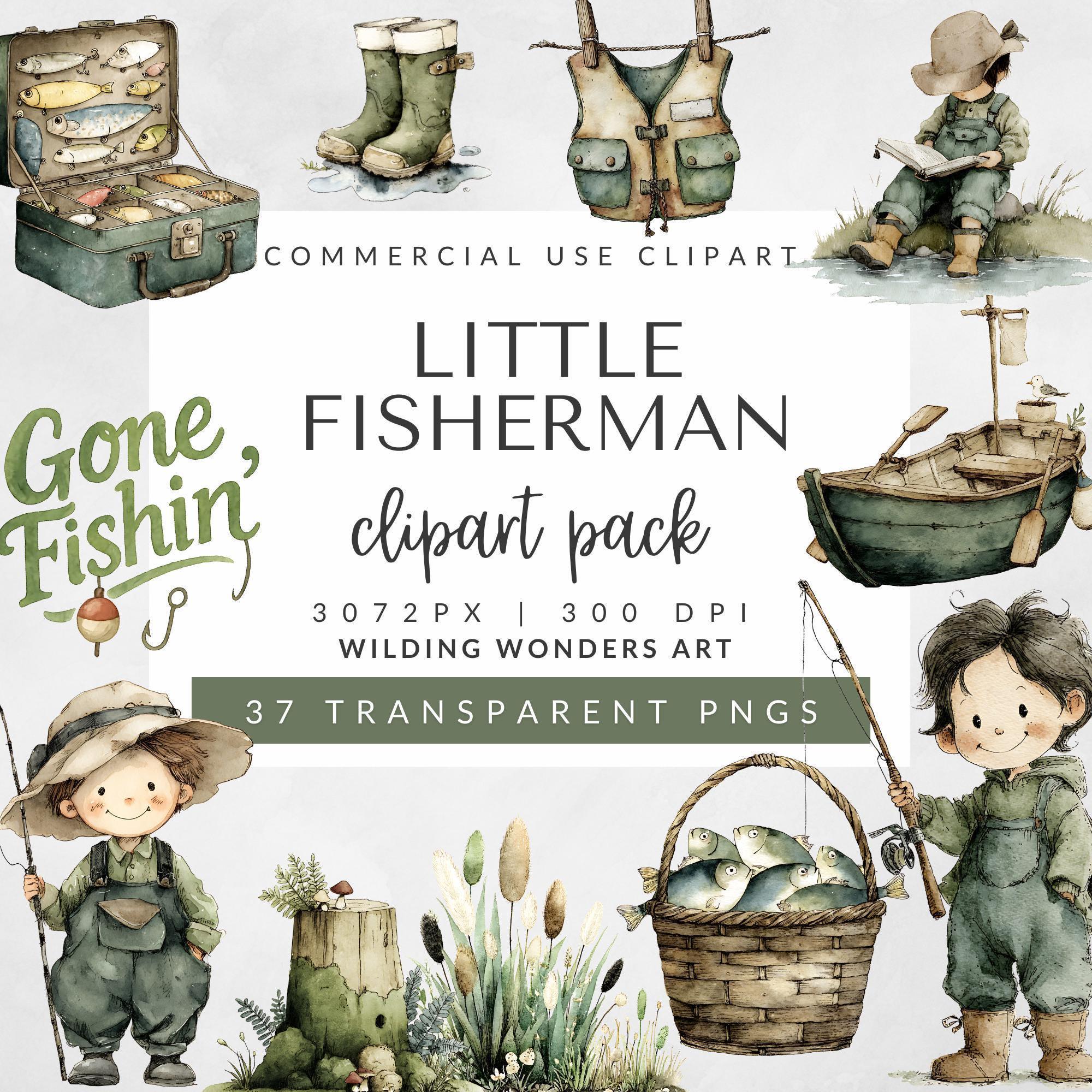 Watercolor Fishing Clipart: Little Fishers PNG, Kid Fishermen, Fishing ...