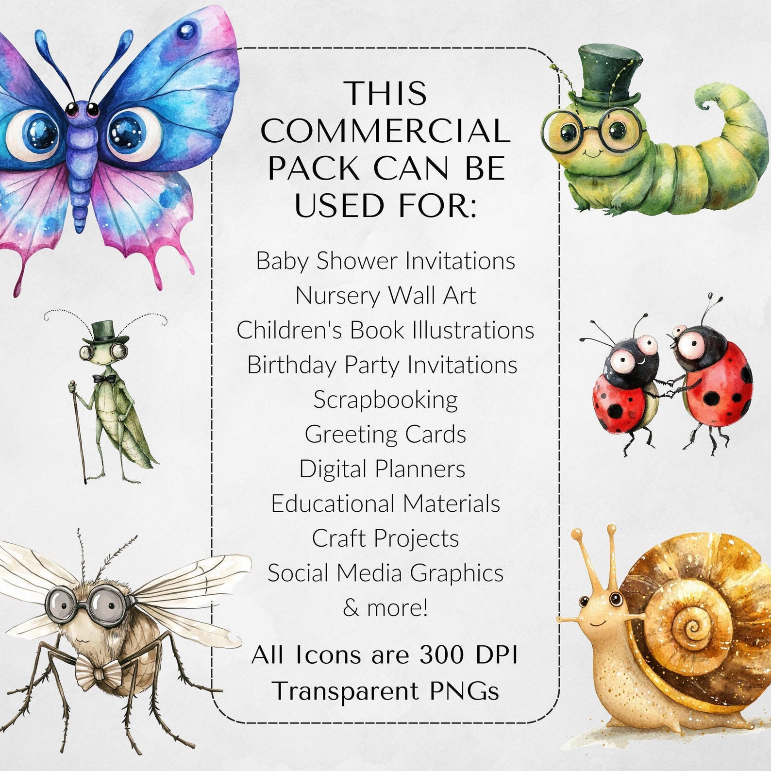 Quirky Insects Watercolor Clipart for Commercial Use, Whimsical Bugs ...