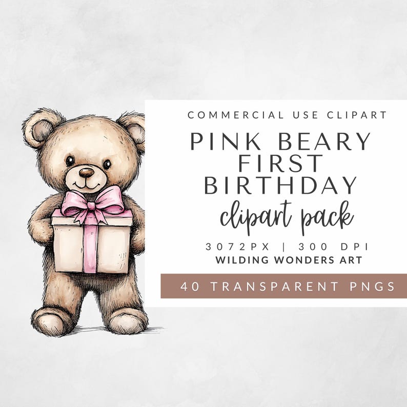 Pink Beary First Birthday Clipart Pack for Commercial Use, Baby Shower ...