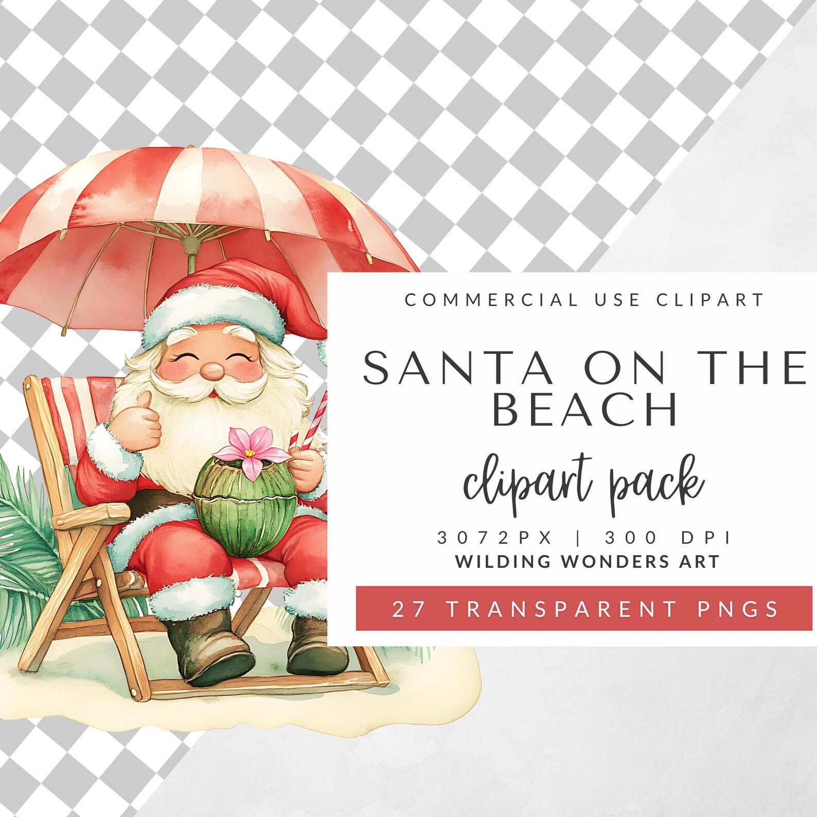 Santa on the Beach Clipart Pack for Commercial Use, Tropical Christmas ...