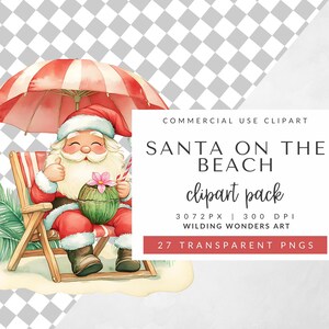 Santa on the Beach Clipart Pack for Commercial Use, Tropical Christmas ...