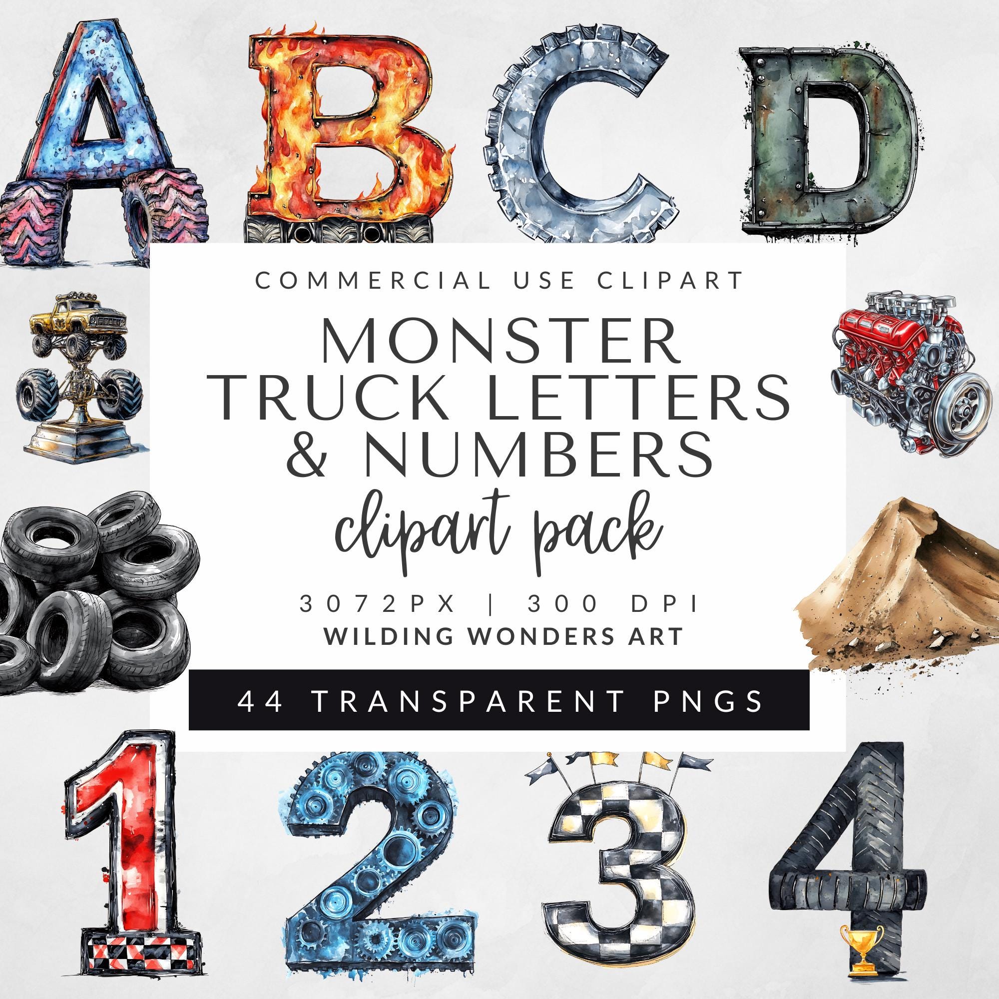 Monster Truck Alphabet Clipart for Commercial Use, Road Design Names ...