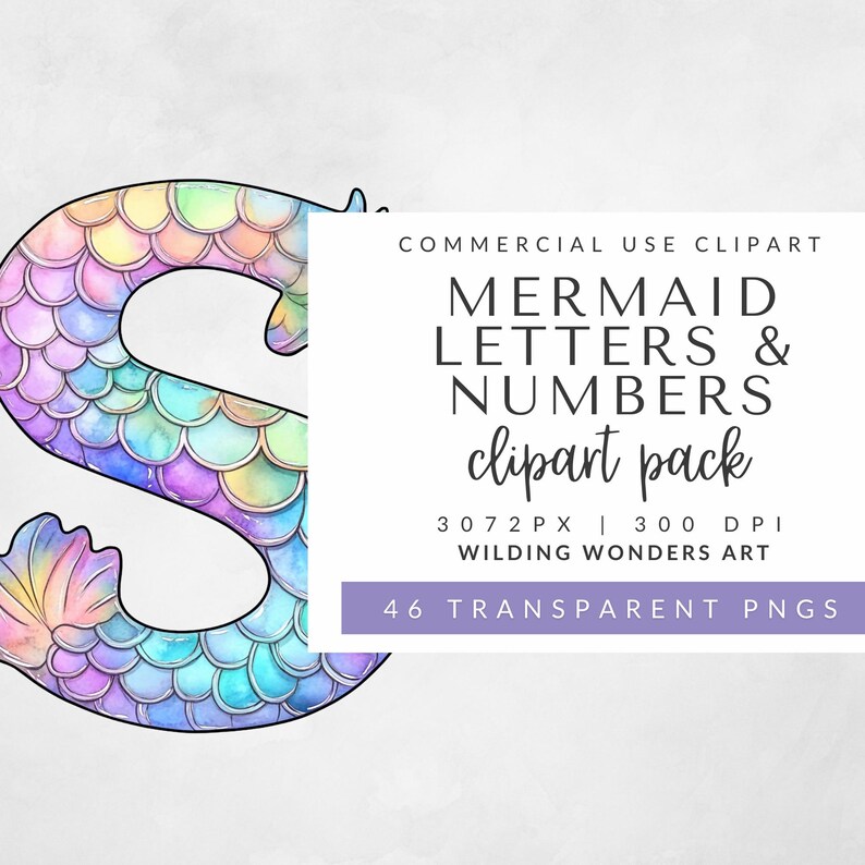Mermaid Alphabet & Numbers Clipart for Commerical Use, Watercolor Sea ...