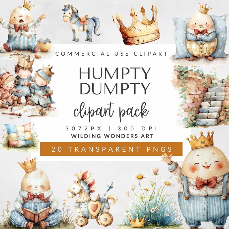 Humpty Dumpty Watercolor Clipart: Storybook Nursery Rhyme Art, Mother ...