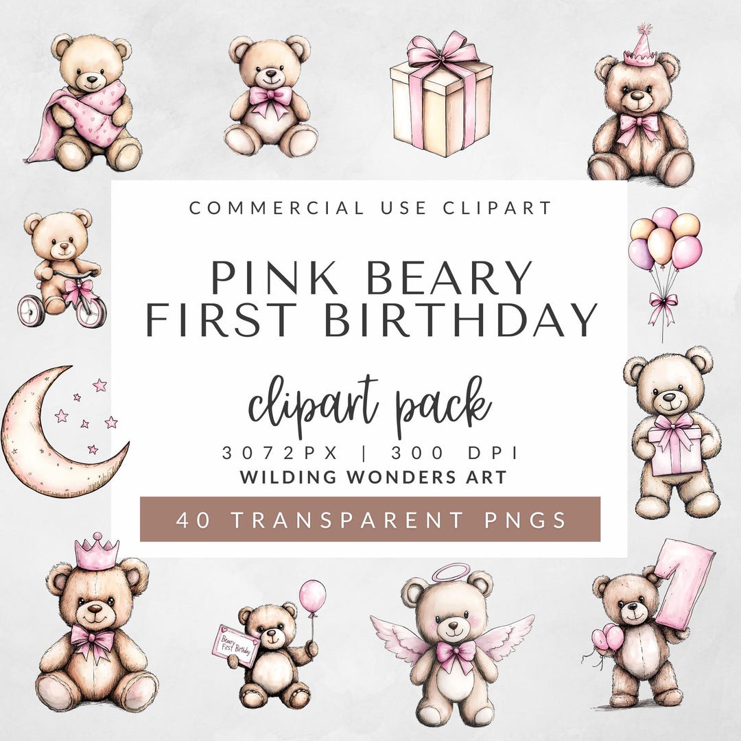 Pink Beary First Birthday Clipart Pack for Commercial Use, Baby Shower ...
