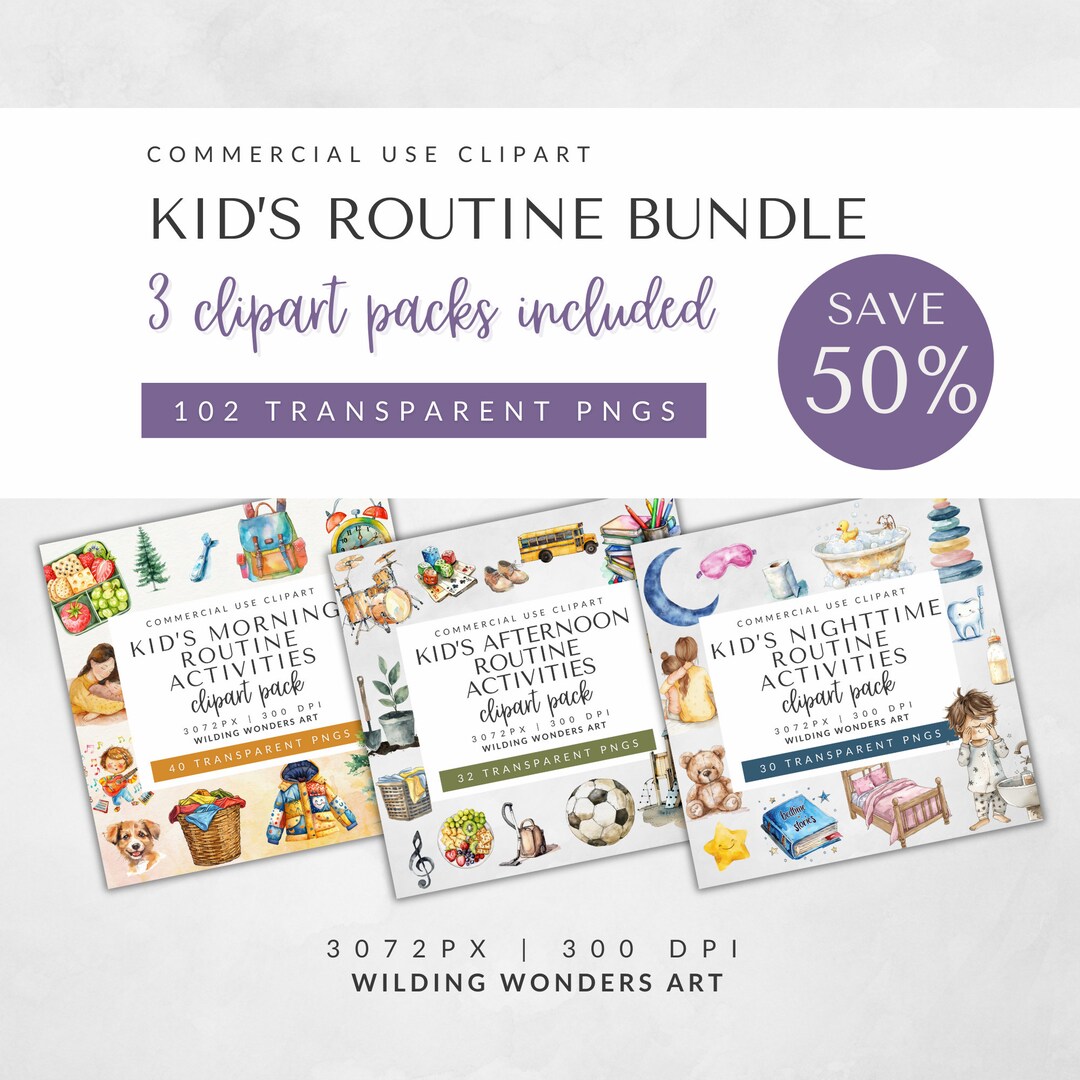 Kids Daily Routine Clipart BUNDLE for Commercial Use, Children Morning ...