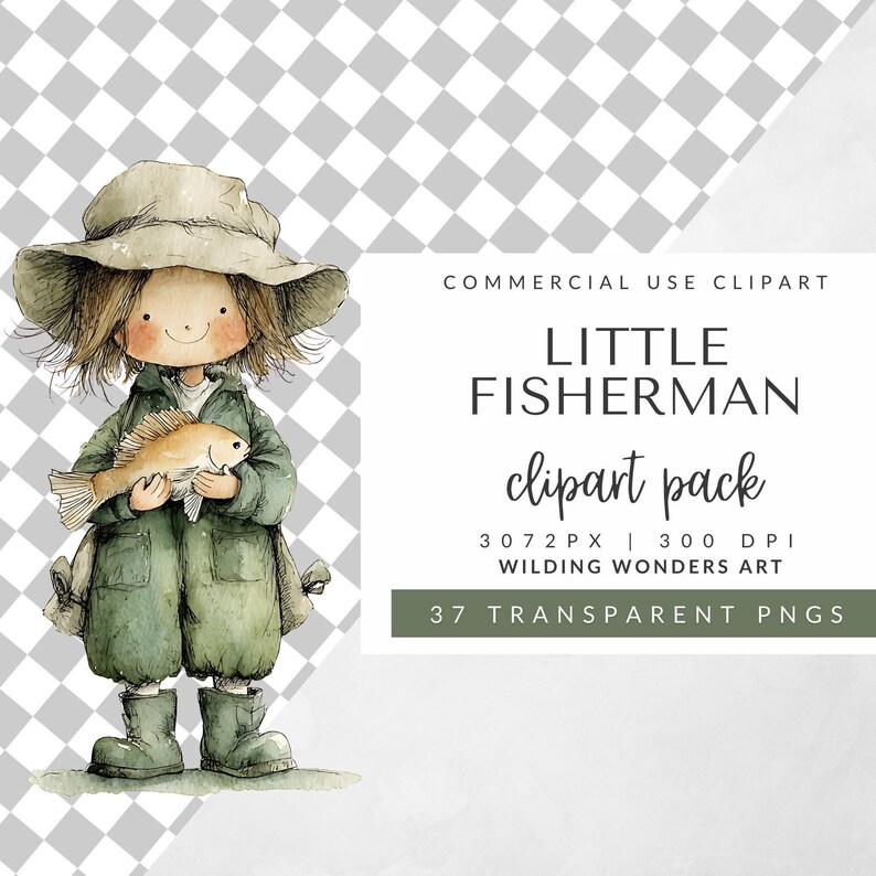 Watercolor Fishing Clipart: Little Fishers PNG, Kid Fishermen, Fishing ...