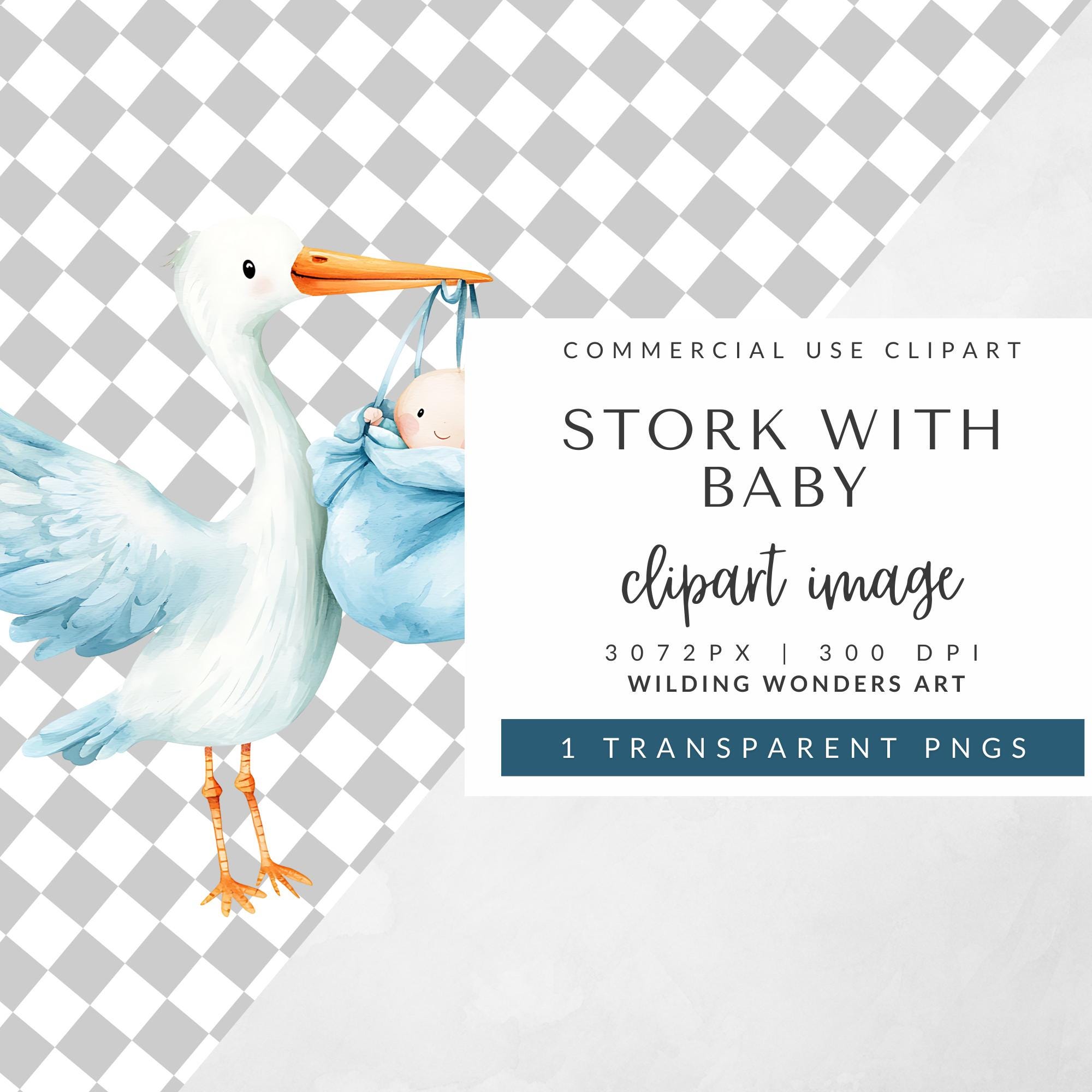 Stork With Baby Clipart Pack for Commercial Use, Baby Shower Clipart ...